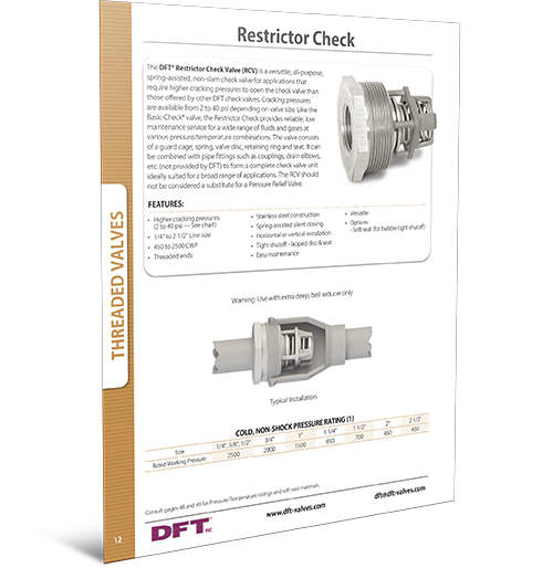 RCV Restrictor Check Valve Cut Sheet | DFT Inc. | DFT® Inc