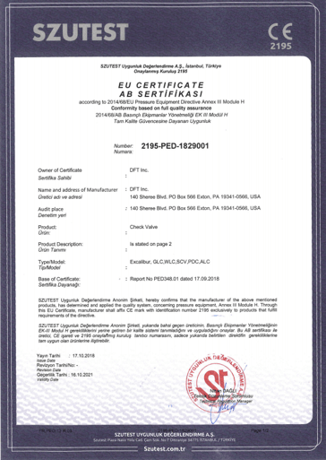 PED Certificate | DFT Valves | DFT® Inc